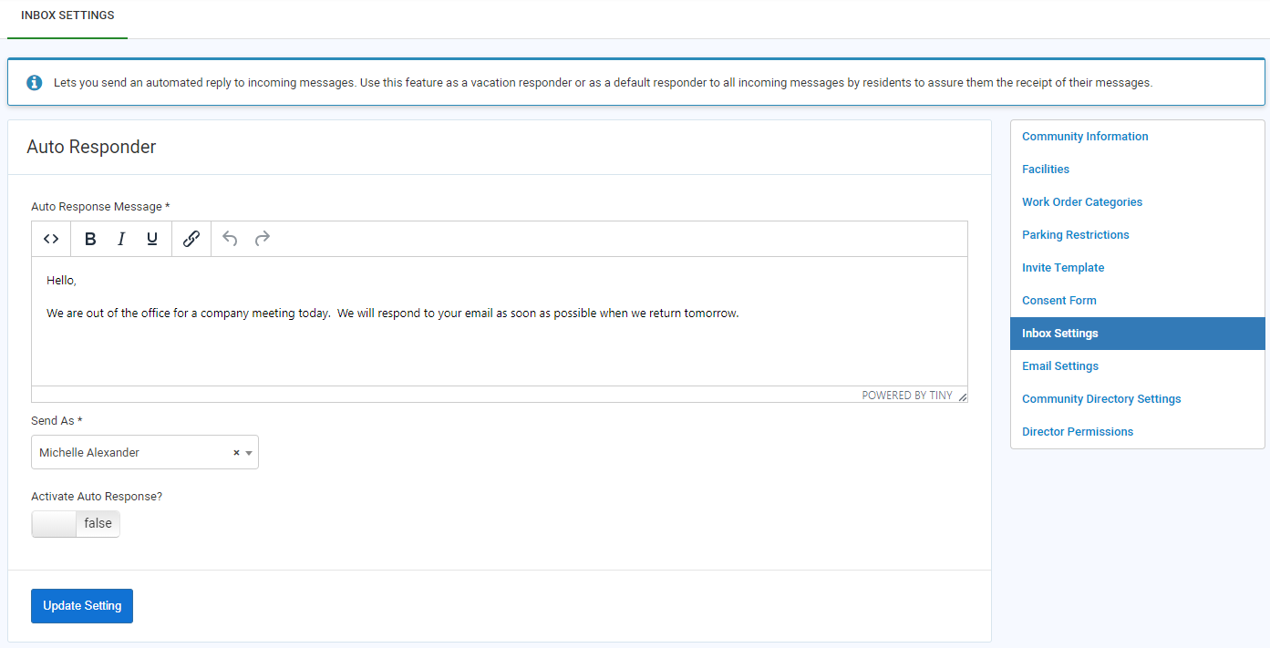 Admin - Managing Inbox Settings - Automatic Response